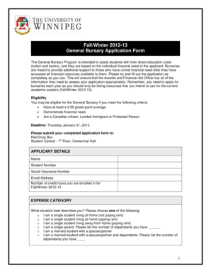 Fillable Online uwinnipeg General Bursary Program Application - University of Winnipeg ...