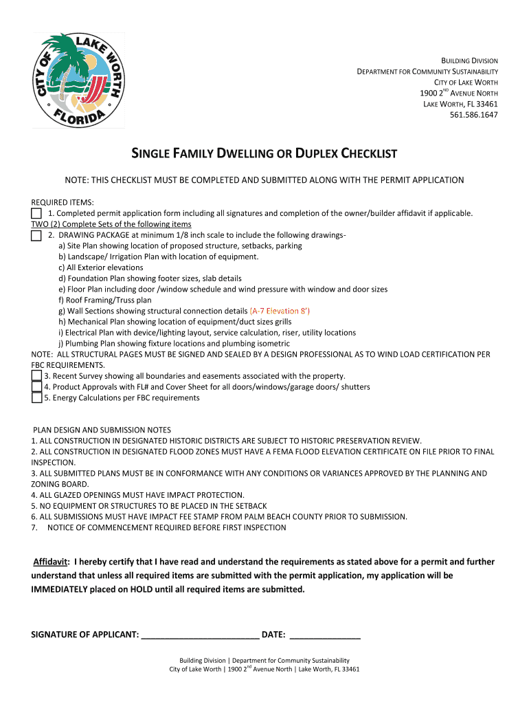 Fillable Online lakeworth SINGLE FAMILY DWELLING OR DUPLEX CHECKLIST ...
