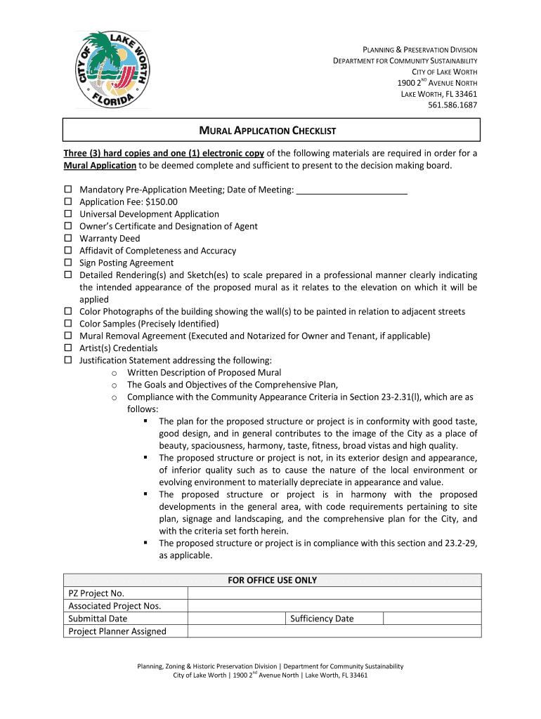 Fillable Online lakeworth MURAL APPLICATION CHECKLIST Three 3 hard ...