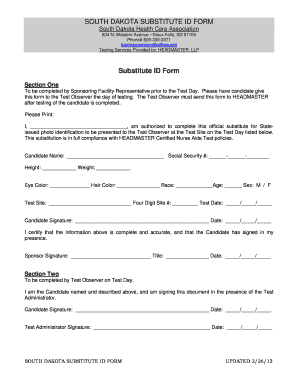 Fillable Online SOUTH DAKOTA SUBSTITUTE ID FORM Substitute ID Form Fax ...