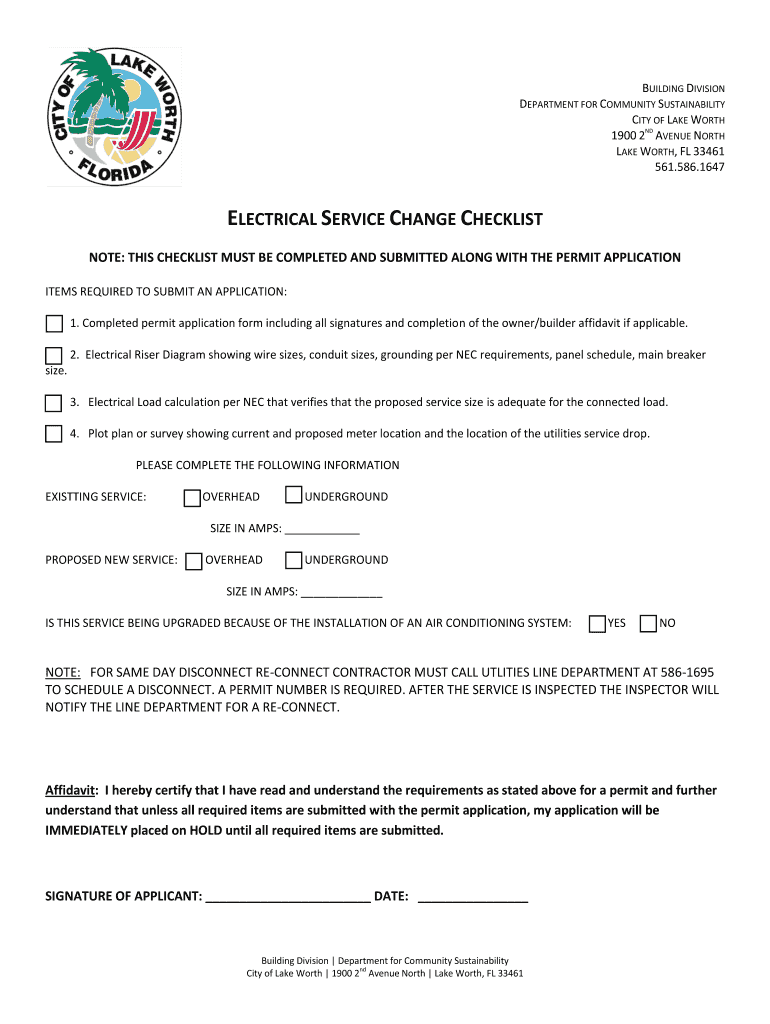 Fillable Online lakeworth ELECTRICAL SERVICE CHANGE CHECKLIST - Lake ...