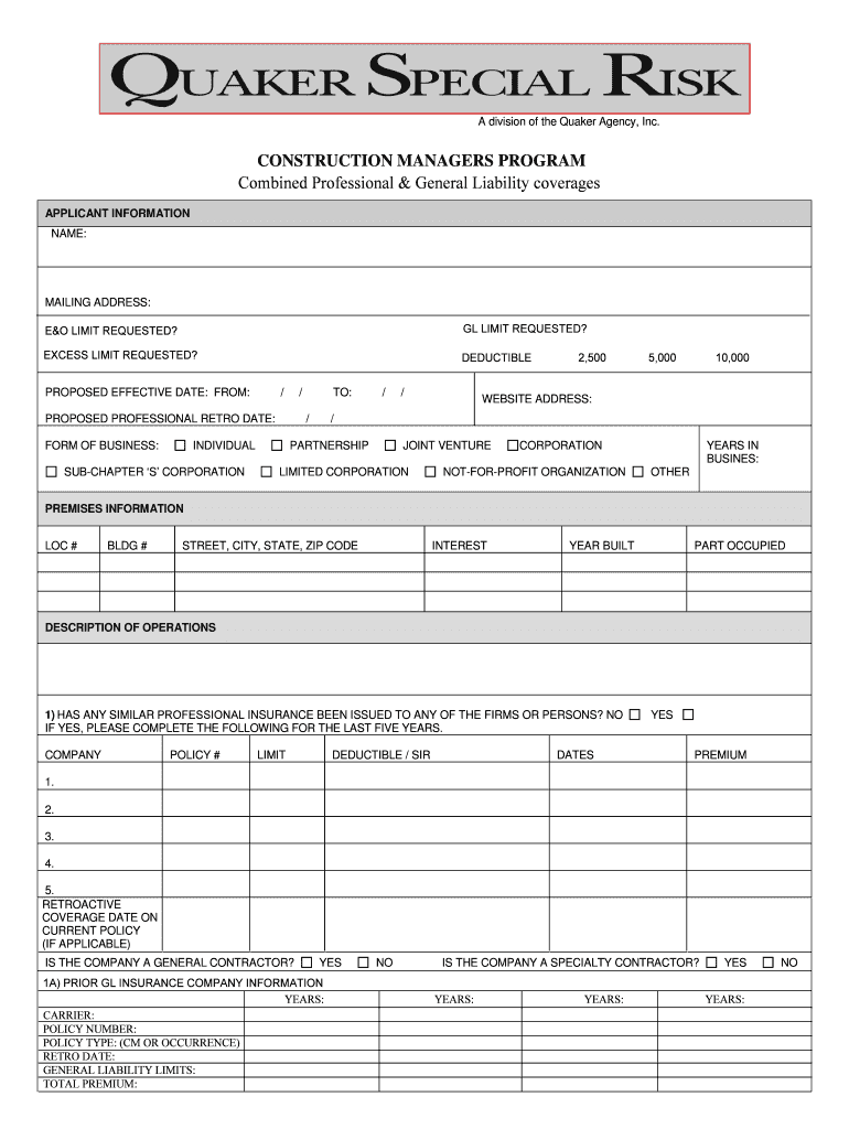 Fillable Online Construction Managers - Quaker Special Risk Fax Email Print - pdfFiller
