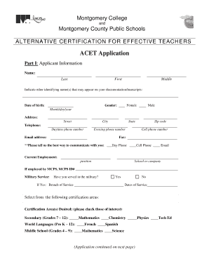Fillable Online montgomerycollege ACET Application - Montgomery College - montgomerycollege Fax ...