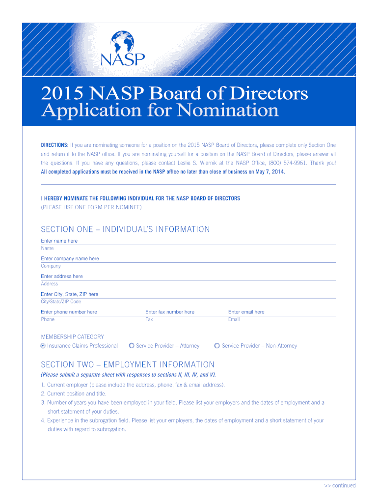 Fillable Online subrogation 2015 NASP Board of Directors Application for Nomination ...
