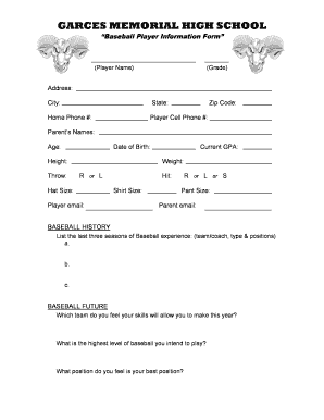 Fillable Online Baseball Player Information Form Fax Email Print ...