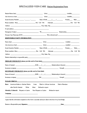 Fillable Online SPECIALIZED VEIN CARE Patient Registration Form Fax ...