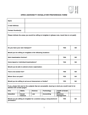 OPEN UNIVERSITY INVIGILATOR PREFERENCE Doc Template | pdfFiller