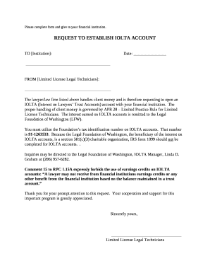 REQUEST TO ESTABLISH IOLTA ACCOUNT Doc Template | pdfFiller