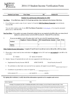 Fillable Online 2014-15 Student Income Verification Form Fax Email ...