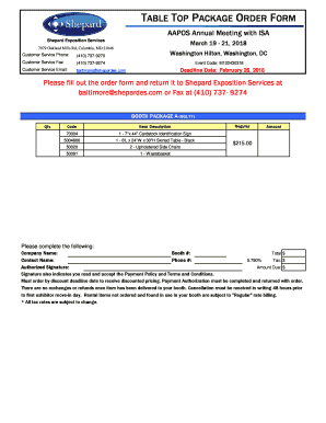 Fillable Online TABLE TOP PACKAGE ORDER FORM Fax Email Print - pdfFiller