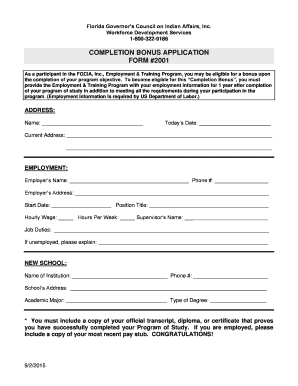 Fillable Online COMPLETION BONUS APPLICATION Fax Email Print - pdfFiller