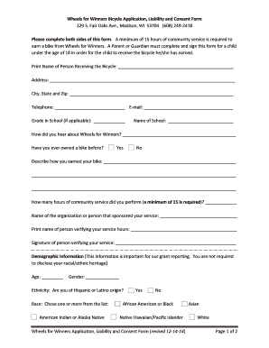 Fillable Online Wheels for Winners Bicycle Application, Liability and ...