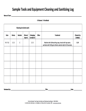 Fillable Online Sample Tools and Equipment Cleaning and Sanitizing Log ...