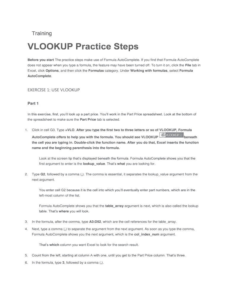 Fillable Online VLOOKUP Practice Steps Fax Email Print - pdfFiller