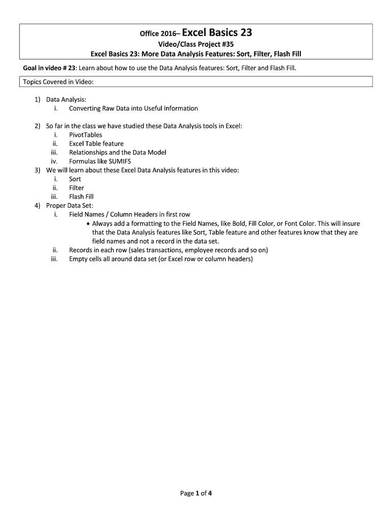 Fillable Online Excel Basics 23: Data Analysis Features: Sort, Filter ...