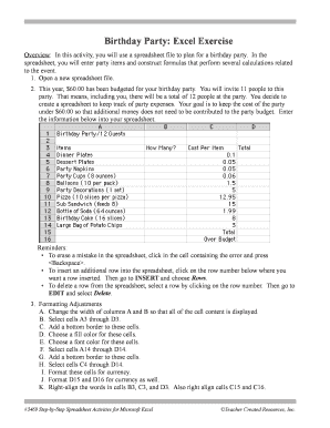 Fillable Online Birthday Party: Excel Exercise Fax Email Print - pdfFiller