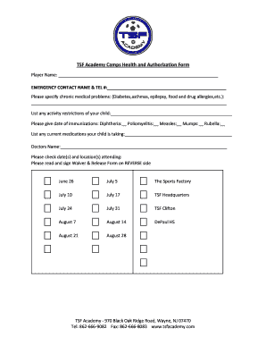 Fillable Online TSF Academy Camps Health and Authorization Form Fax ...
