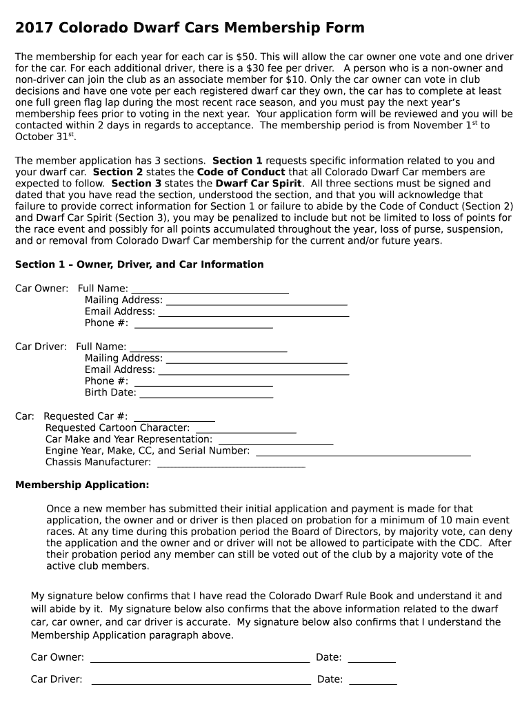 Fillable Online 2017 Colorado Dwarf Cars Membership Form Fax Email ...
