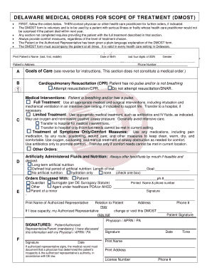 Fillable Online DELAWARE MEDICAL ORDERS FOR SCOPE OF TREATMENT (DMOST ...