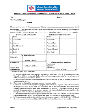 Fillable Online APPLICATION FORM FOR TRANSFER OF FUNDS THROUGH NEFT / RTGS Fax Email Print ...