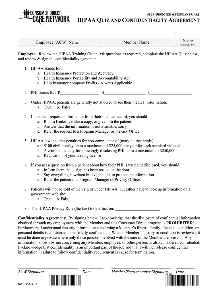Fillable Online HIPAA QUIZ AND CONFIDENTIALITY AGREEMENT Fax Email ...