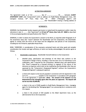 Fillable Online REBNY ALTERATION AGREEMENT 1999 ALBERT APARTMENT CORP ...