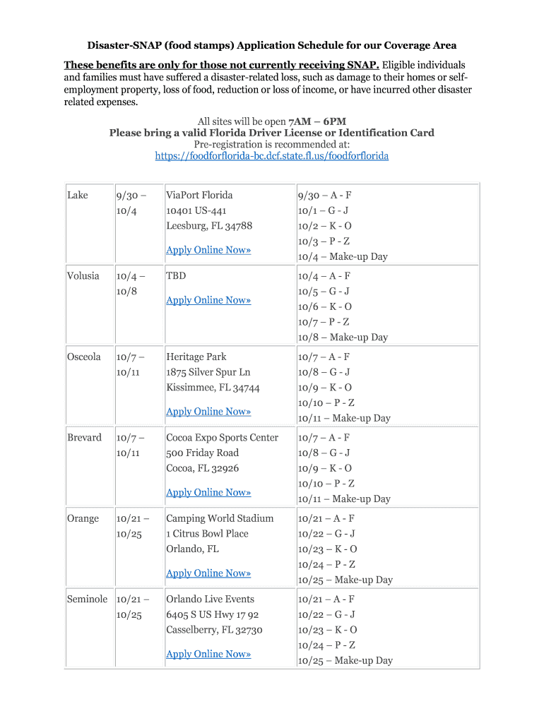 Fillable Online Disaster-SNAP (food stamps) Application Schedule for ...