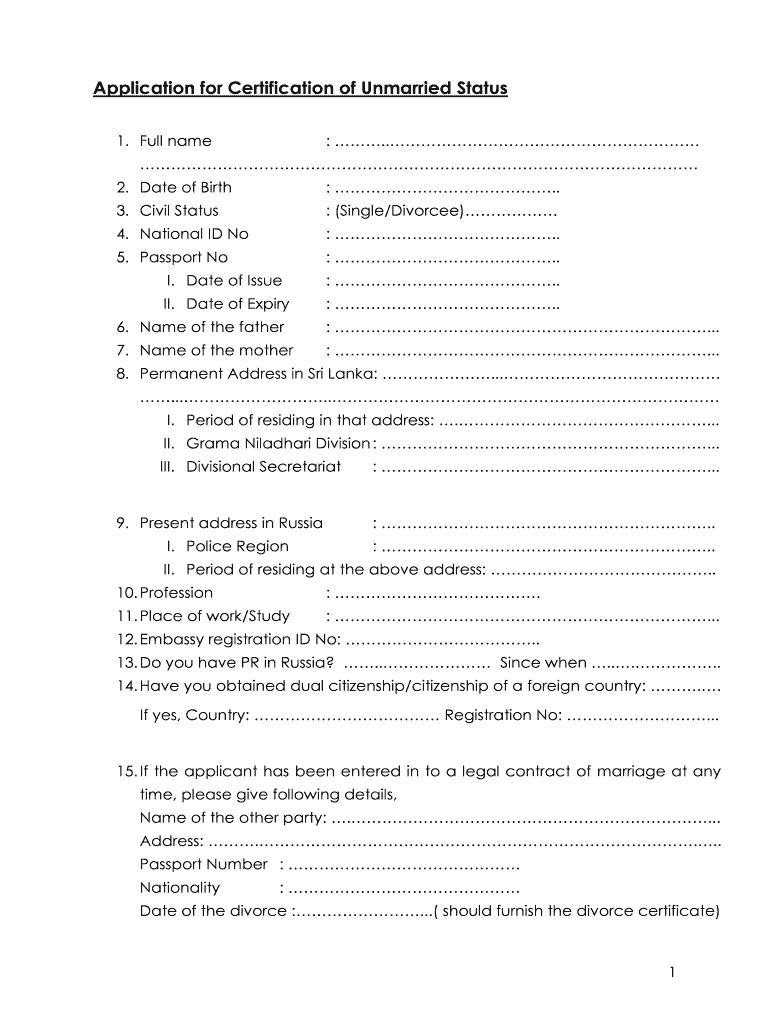 Fillable Online Application for Certification of Unmarried Status Fax ...