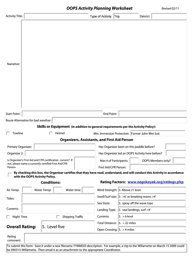 Fillable Online OOPS Activity Planning Worksheet Fax Email Print ...