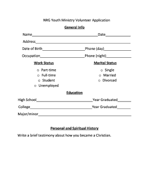Fillable Online NRG Youth Ministry Volunteer Application Fax Email ...