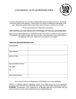 Fillable Online AYSO REGION 129 TEAM SPONSOR FORM Fax Email Print ...