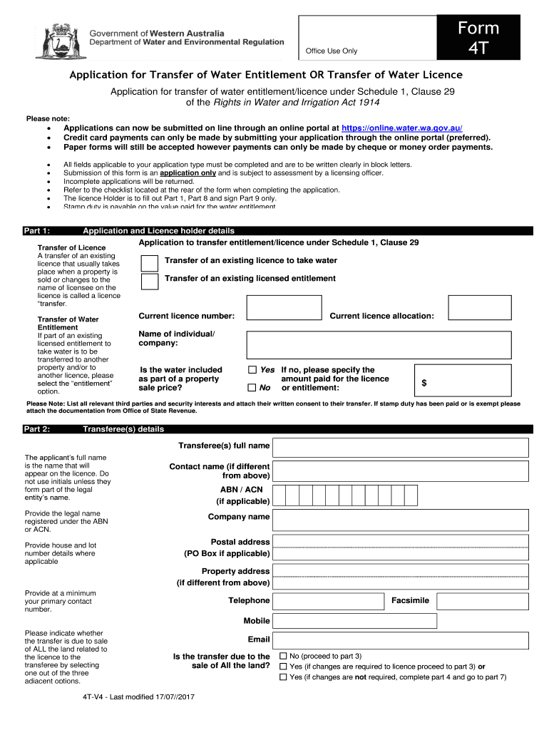 Fillable Online Application for Transfer of Water Entitlement OR ...