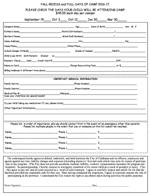 Fillable Online FALL RECESS and FULL DAYS OF CAMP 2016-17 Fax Email ...