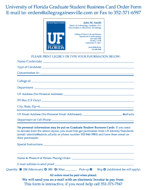 Fillable Online University of Florida Graduate Student Business Card ...