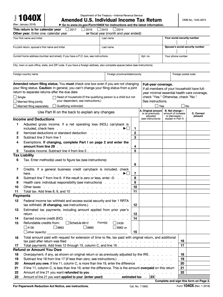 2018 Form IRS 1040 X Fill Online Printable Fillable Blank PDFfiller