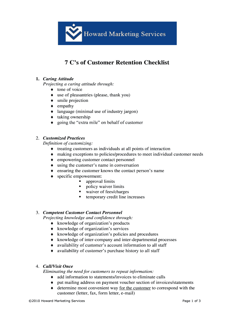 Fillable Online 7 Cs of Customer Retention Checklist Fax Email Print ...