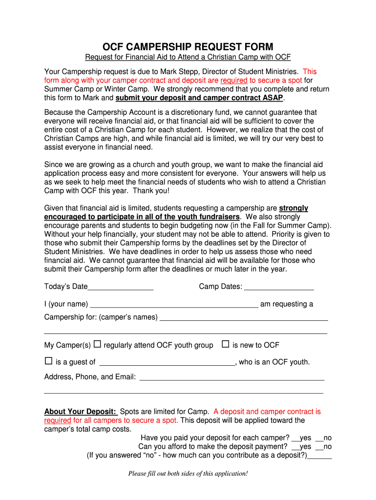 Fillable Online OCF CAMPERSHIP REQUEST FORM Fax Email Print - pdfFiller