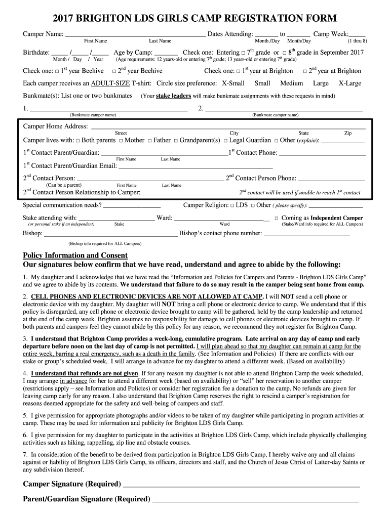 Fillable Online 2017 BRIGHTON LDS GIRLS CAMP REGISTRATION FORM Fax ...