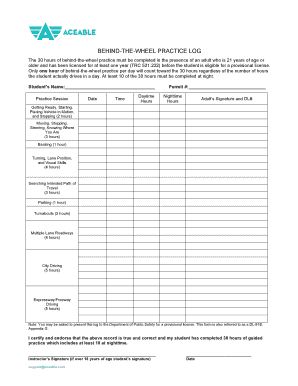 Fillable Online BEHIND-THE-WHEEL PRACTICE LOG Fax Email Print - pdfFiller
