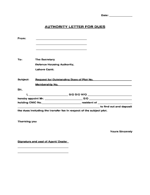 Fillable Online AUTHORITY LETTER FOR DUES Fax Email Print - pdfFiller