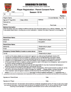 Fillable Online Player Registration / Parent Consent Form Fax Email ...