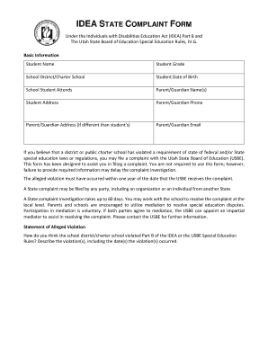 Fillable Online IDEA STATE COMPLAINT FORM Fax Email Print - pdfFiller