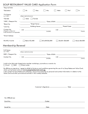 Fillable Online SOUP RESTAURANT VALUE CARD Application Form Fax Email ...