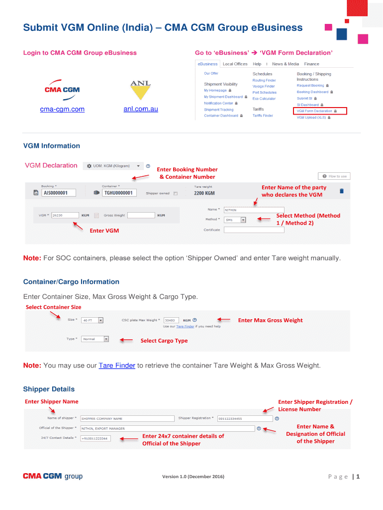 Fillable Online Submit VGM Online (India) CMA CGM Group eBusiness Fax ...