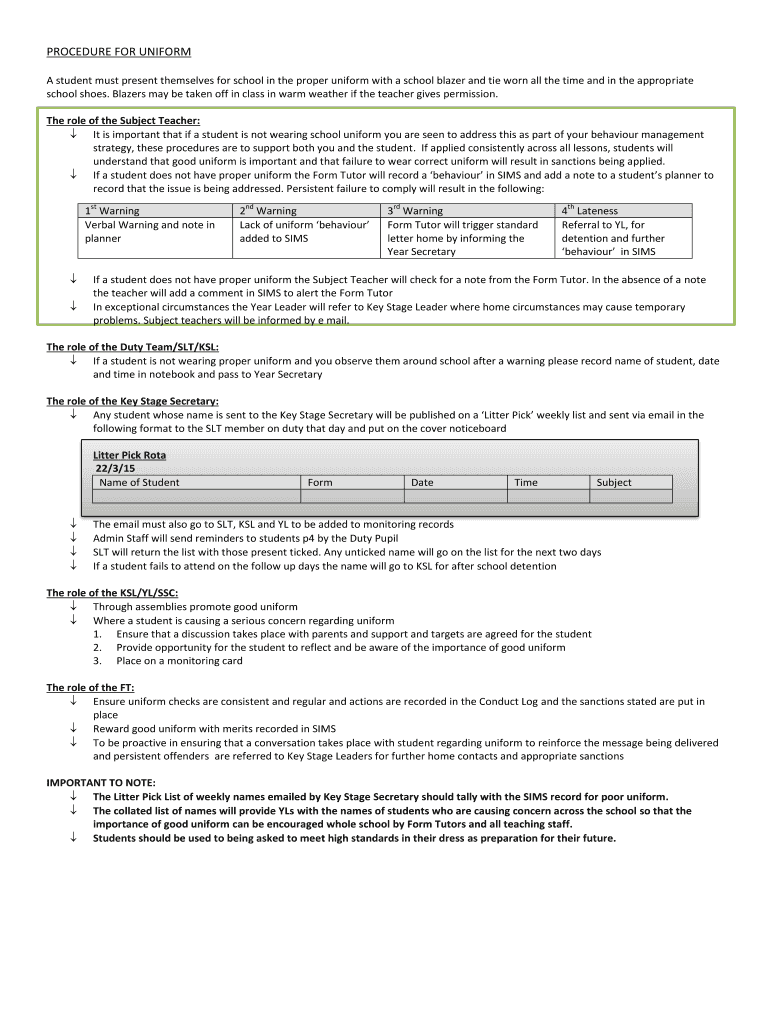 Fillable Online PROCEDURE FOR UNIFORM Fax Email Print - pdfFiller