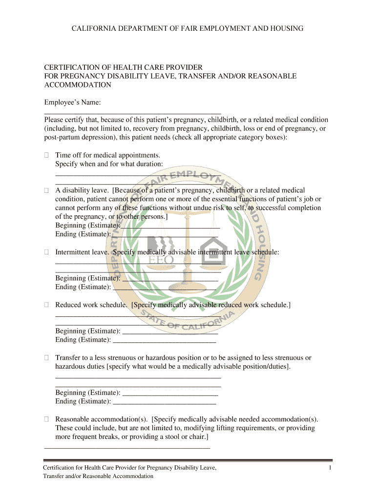 Fillable Online FOR PREGNANCY DISABILITY LEAVE, TRANSFER AND/OR ...