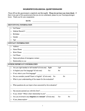 Fillable Online NEUROPSYCHOLOGICAL QUESTIONNAIRE Fax Email Print ...