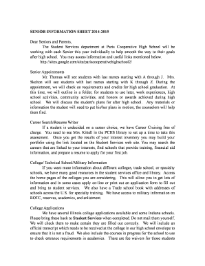Fillable Online pchs k12 il SENIOR INFORMATION SHEET 2014-2015 Fax ...