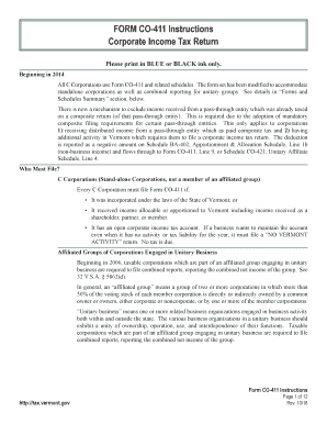 Fillable Online tax vermont FORM CO-411 Instructions Corporate Income ...