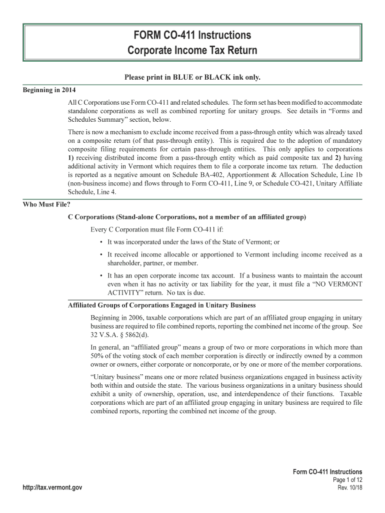 Fillable Online tax vermont FORM CO-411 Instructions Corporate Income ...